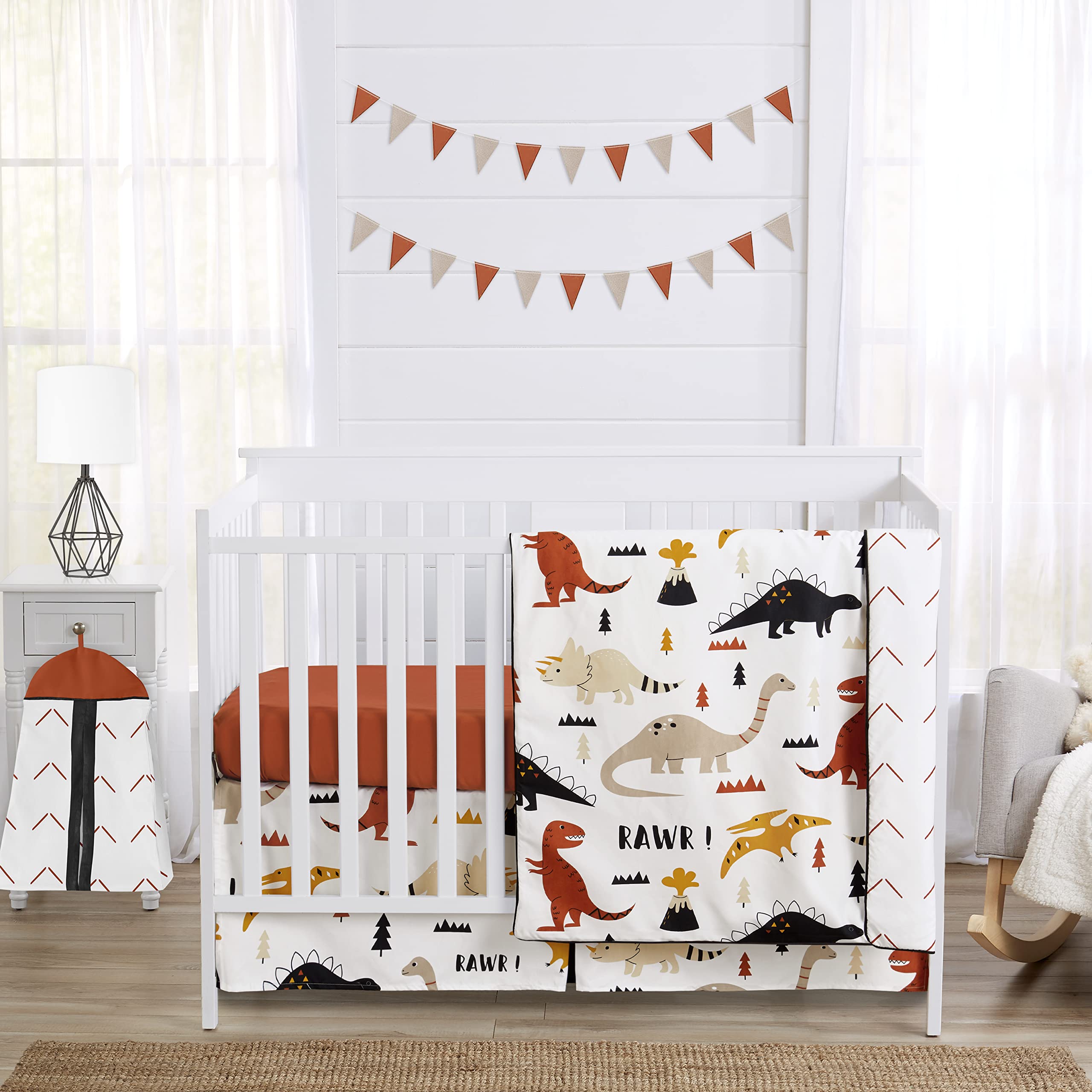 Sweet Jojo Designs Mod Dino Baby Boy Girl Nursery Crib Bedding Set - 4 pieces - Orange Tan Rust Taupe Mustard Yellow Beige Brown Black Modern Dinosaur Boho Dinosaurs Arrow Chevron Herringbone Neutral