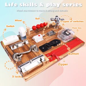 Busy Board for Toddlers Wooden Montessori Toys,Travel Toy Sensory Fidget Board Activity Board for 3 Year Old Boys & Girls, Educational Learning Toy with Locks,Latches,Keys