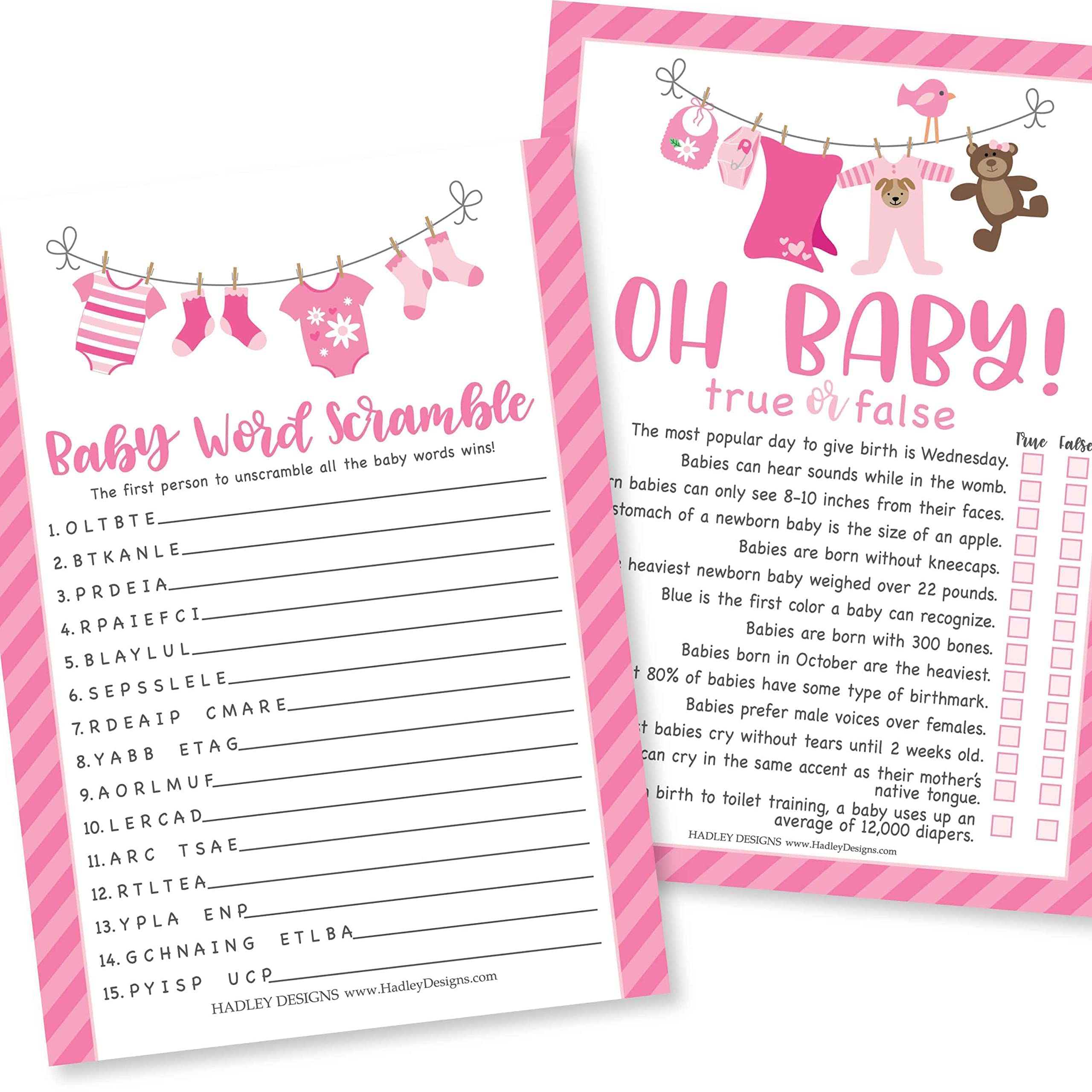 75 Pink Who Knows Mommy Best, Baby Prediction and Advice Cards etc, 25 True Or False, Word Scramble For Baby Shower Ideas - 8 Double Sided Cards Baby Shower Games Funny, Baby Shower Party Supplies