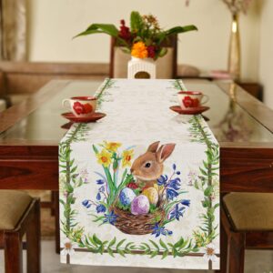 WHOMEAF Easter Bunny Table Runner Burlap Wild Flowers Cute Rabbit Green Leaves Eggs Table Runners Spring Summer Seasonal Kitchen Dining Table Center Decor for Home Party Indoor Outdoor 13x72 Inch