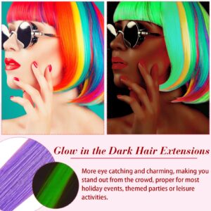 20 Pcs Glow in the Dark Hair Extensions Clip Luminous Colored Hairpieces Party Rainbow Hair Clips Synthetic Neon Fake Hair Clips Hair Accessories for DIY Women Kids Girls, 10 Color (Straight Hair)