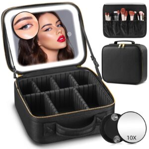 jadazror lighted travel makeup bag - 3 colors, mirror, 2-layer organizer with 10x magnifying mirror - portable cosmetic case with adjustable dividers (black)