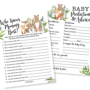 25 Woodland Animal Matching, 25 Nursery Rhyme Game, 25 Word Scramble For Baby Shower, 25 True Or False Game, 25 Who Knows Mommy Best, 25 Baby Prediction And Advice Cards - 6 Double Sided Cards