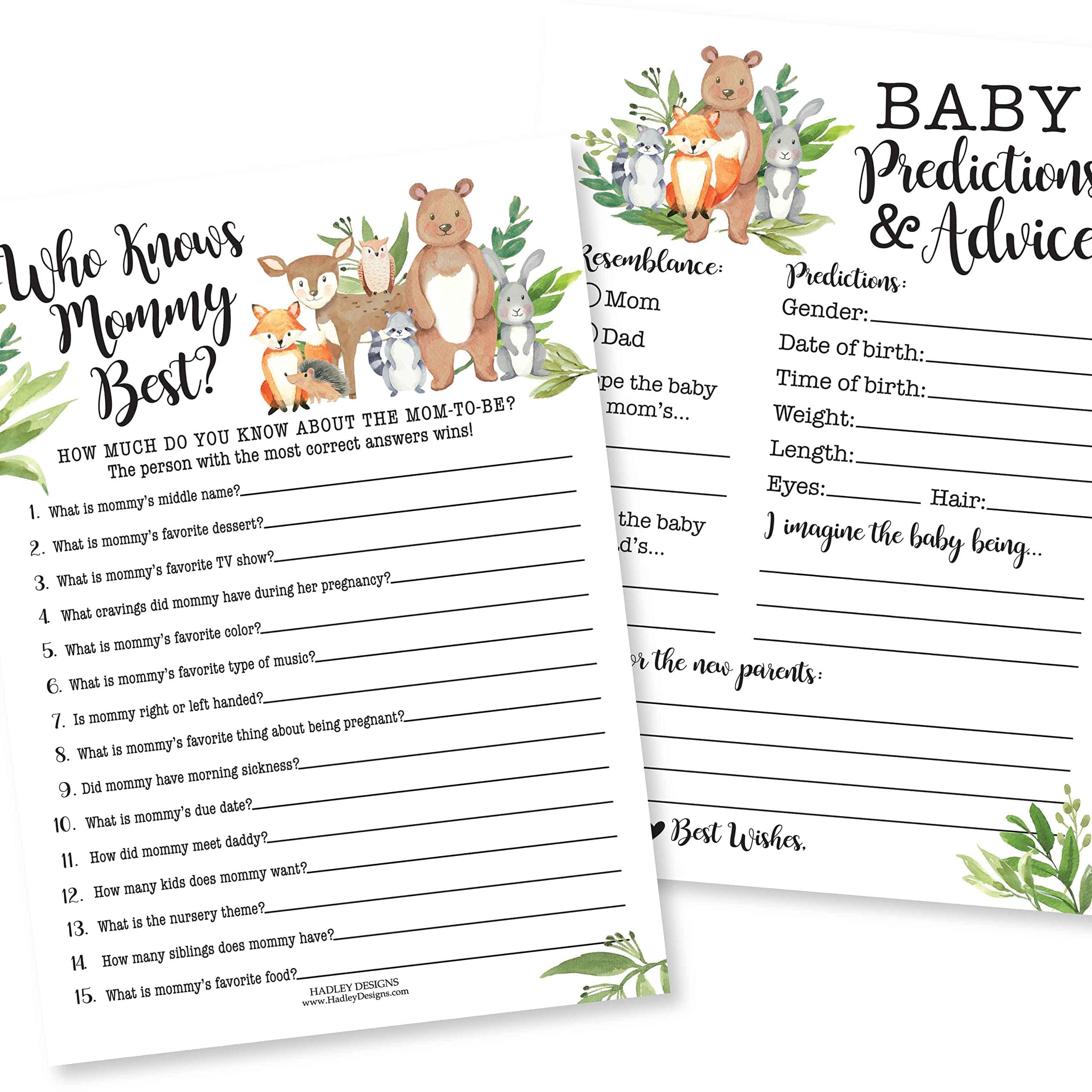 25 Woodland Animal Matching, 25 Nursery Rhyme Game, 25 Word Scramble For Baby Shower, 25 True Or False Game, 25 Who Knows Mommy Best, 25 Baby Prediction And Advice Cards - 6 Double Sided Cards