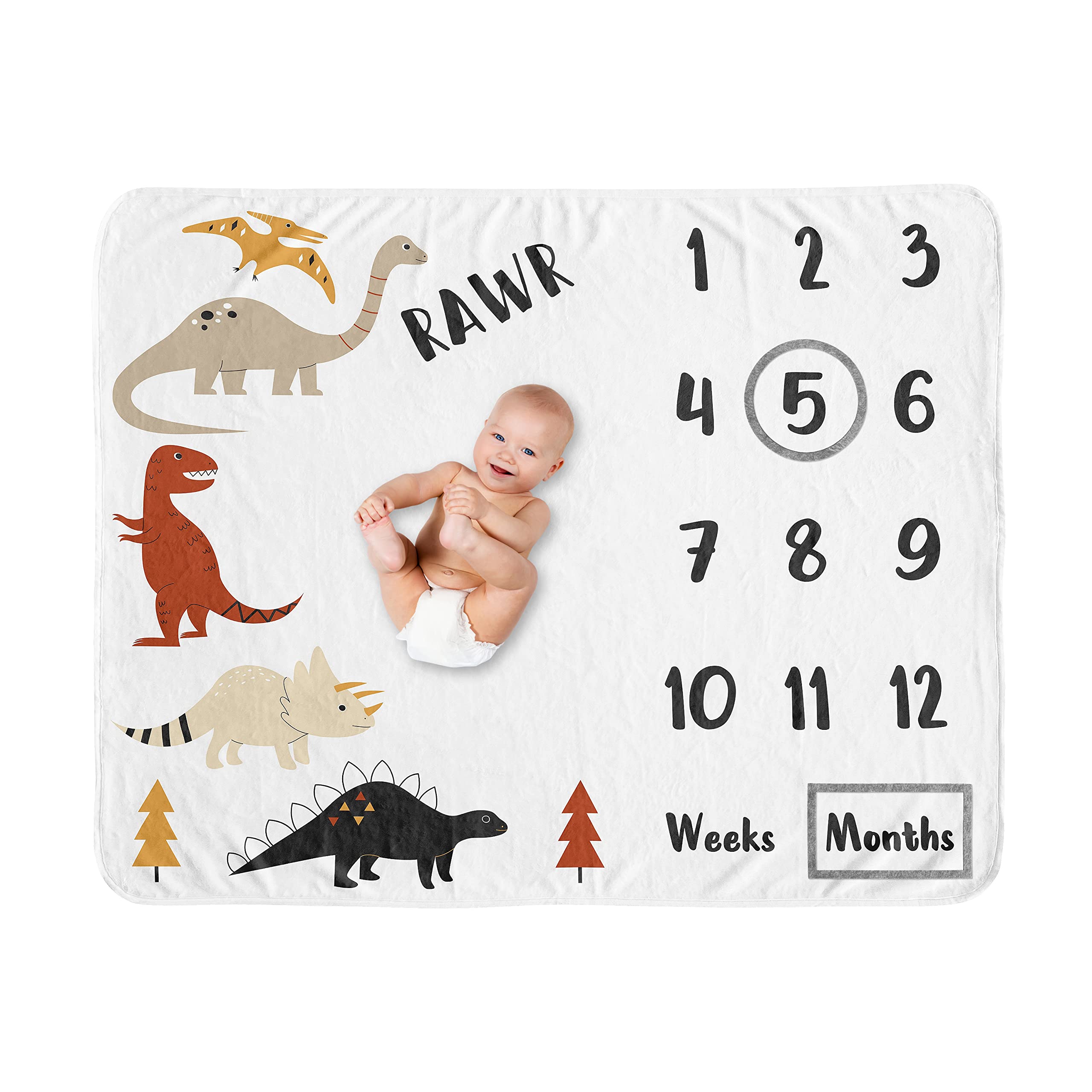 Sweet Jojo Designs Mod Dino Boy Girl Milestone Blanket Monthly Newborn First Year Growth Mat Baby Shower Memory Keepsake - Orange Tan Rust Taupe Mustard Yellow Beige Brown Black Modern Dinosaur Boho