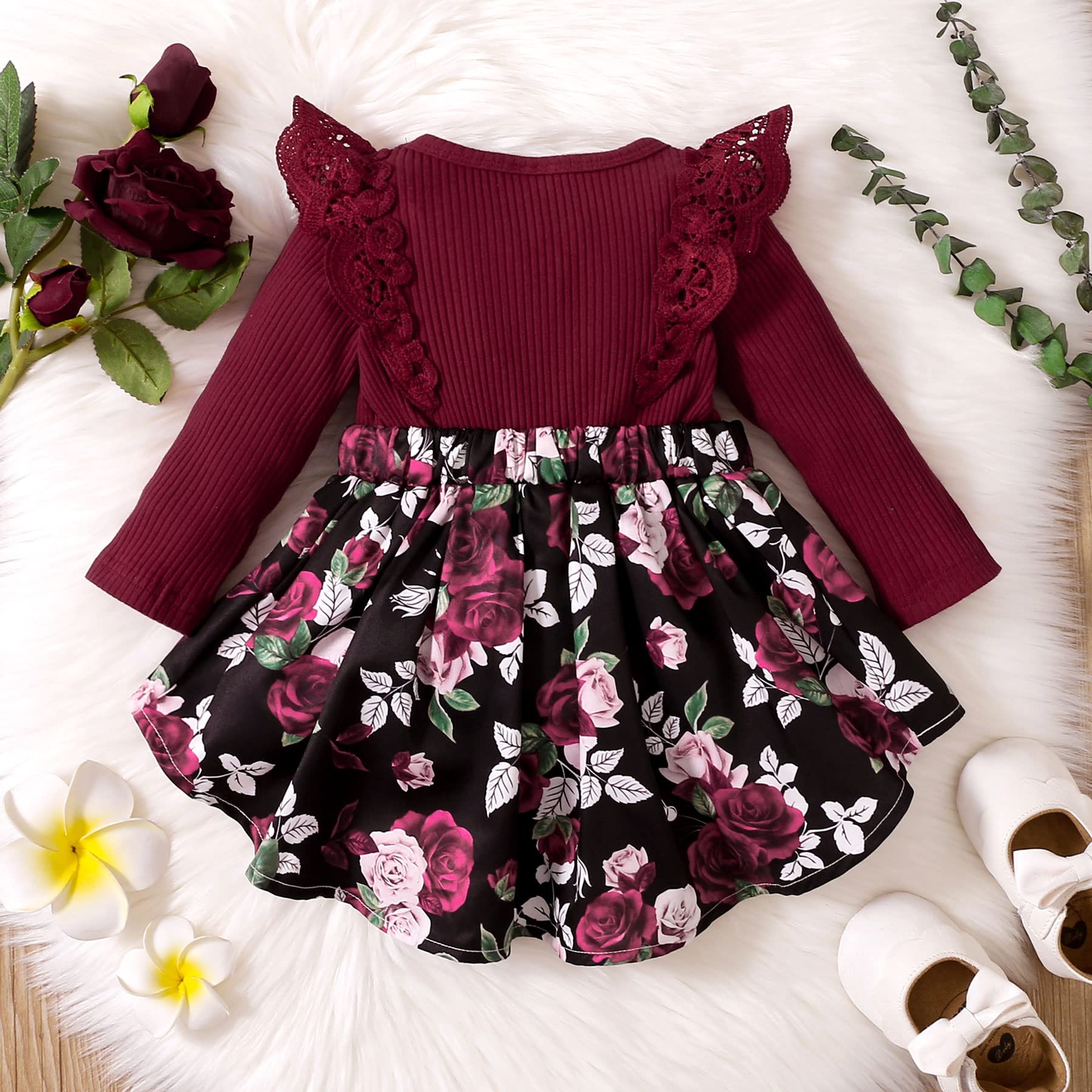 OPAWO Newborn Infant Baby Girl Dress Ribbed Bodysuit Romper Dress Long Sleeve Floral Girl Dresses Fall Winter Clothes(Burgundy,0-3 Months)