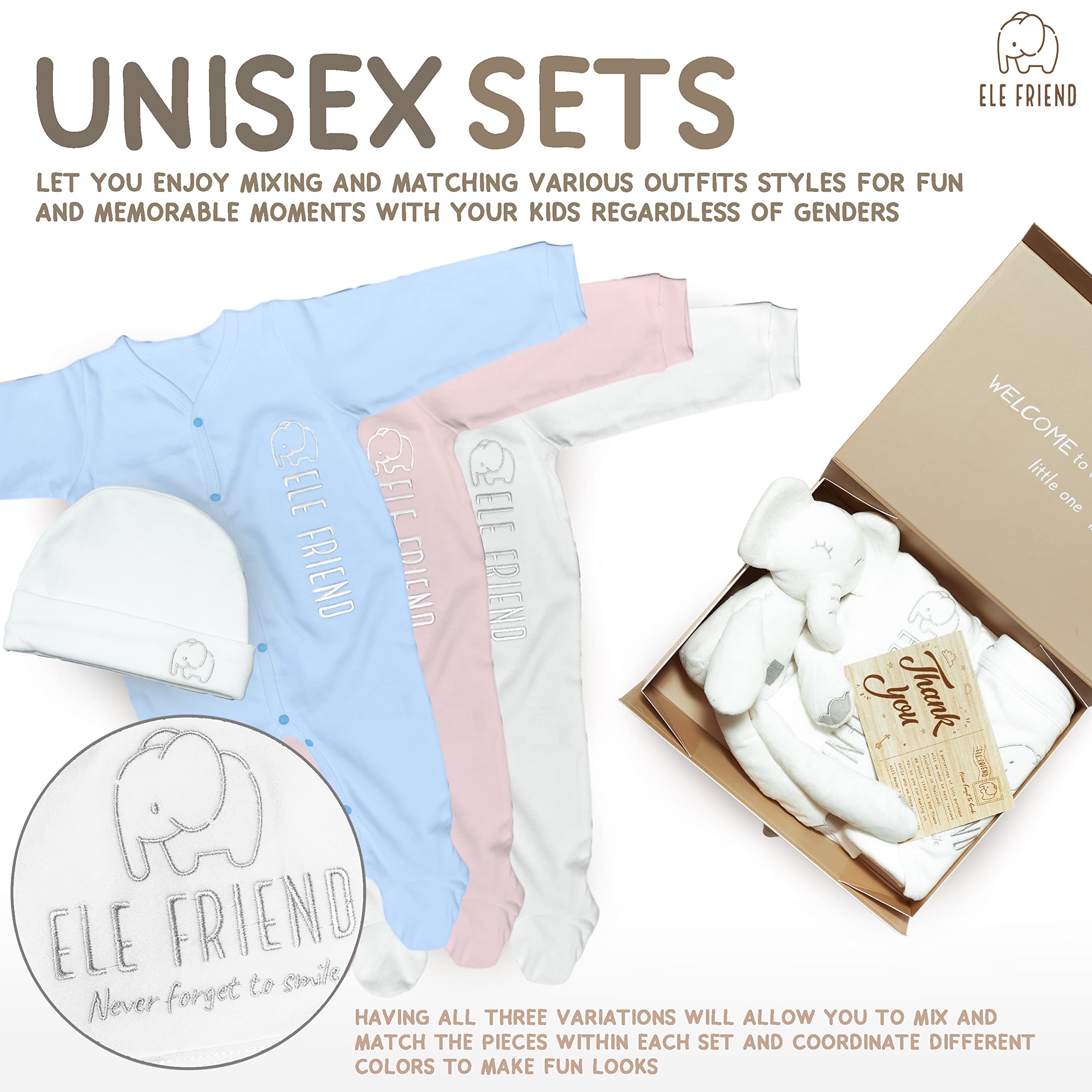 ELE Friend Newborn gift set 0-6 months – Unisex clothes for Newborn, Unisex baby gift set, Gift basket includes Cute Soft white Elephant Plush Doll, Thank You Card and giftbox (baby blue)