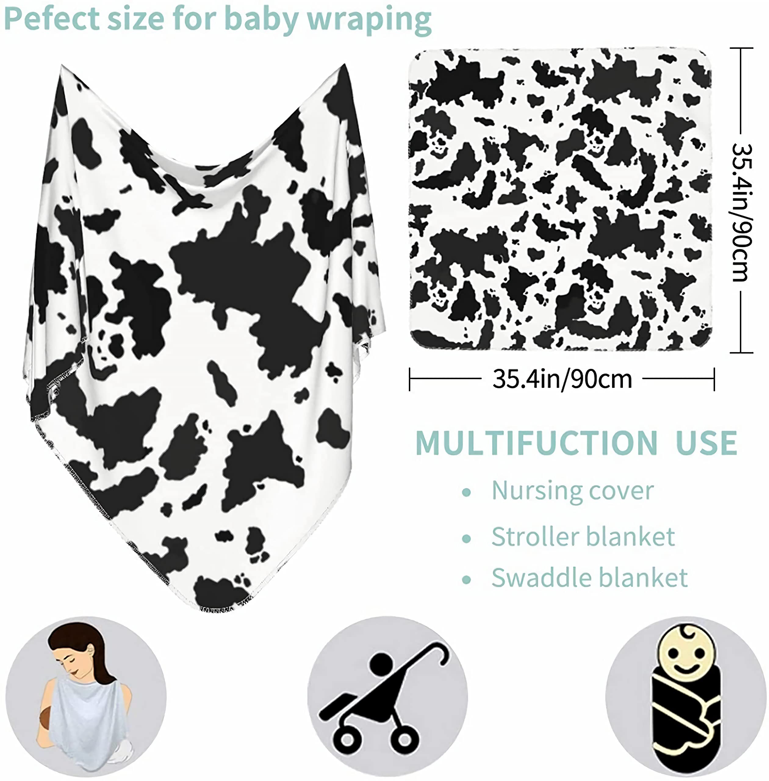 Belinyo Dalmatian Cow Baby Swaddle Blankets Nursing Cover Infant Receiving Blankets for Crib, Stroller, Travel（36x 36 Inch）