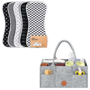 organic burp cloths for baby boys and girls and baby diaper caddy organizer bundle - burping cloth, newborn towel, milk spit up rags (monos) - car caddy diaper holder, storage caddy (classic gray)