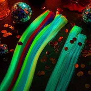 20 Pcs Glow in the Dark Hair Extensions Clip Luminous Colored Hairpieces Party Rainbow Hair Clips Synthetic Neon Fake Hair Clips Hair Accessories for DIY Women Kids Girls, 10 Color (Straight Hair)