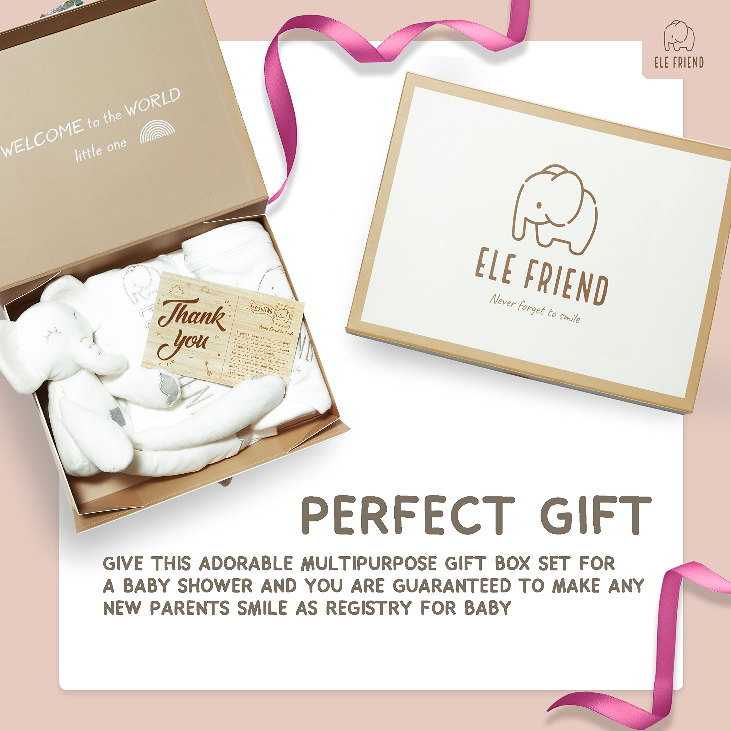 ELE Friend Newborn gift set 0-6 months – Unisex clothes for Newborn, Unisex baby gift set, Gift basket includes Cute Soft white Elephant Plush Doll, Thank You Card and giftbox (baby blue)