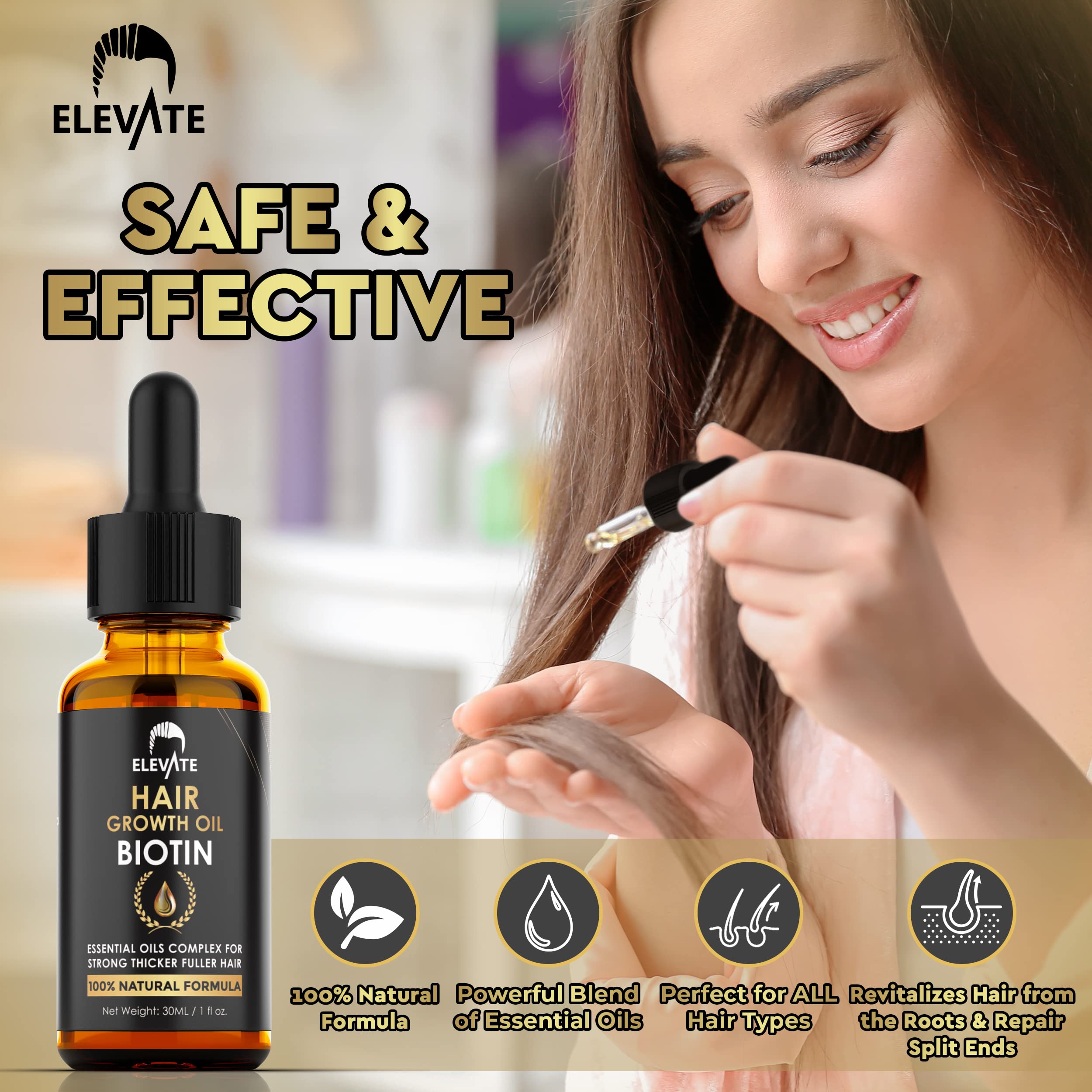 ELEVATE Hair Growth Oil - Biotin Serum & Castor Oil Natural Vitamin Treatment for Stronger, Thicker, Longer Hair and Regrowth - Prevent Thinning and Loss for Men & Women, 1 Fl Oz