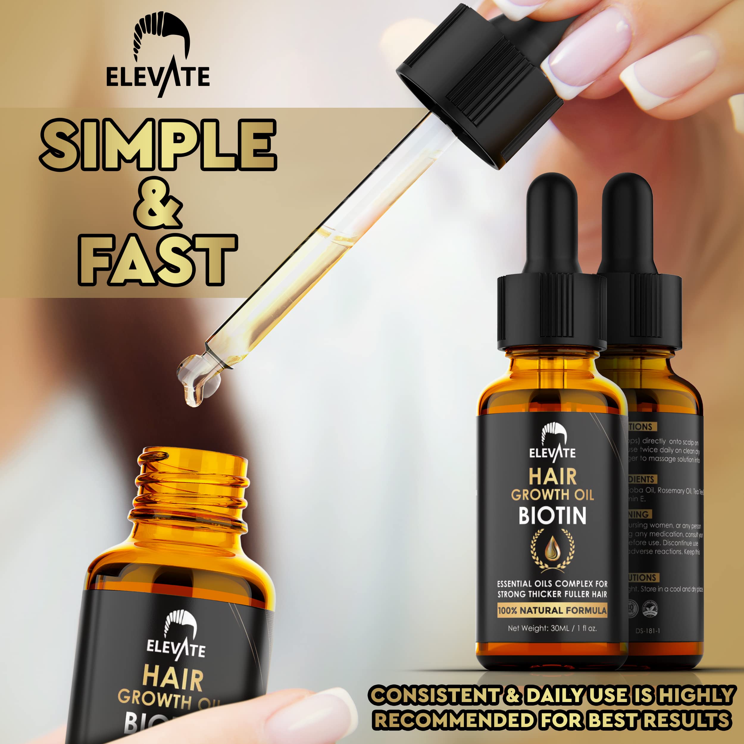 ELEVATE Hair Growth Oil - Biotin Serum & Castor Oil Natural Vitamin Treatment for Stronger, Thicker, Longer Hair and Regrowth - Prevent Thinning and Loss for Men & Women, 1 Fl Oz