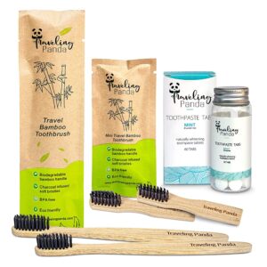 traveling panda bamboo toothbrushes soft bristles, travel toothbrush kit, includes brushes and mint toothpaste tablets, essentials for on the go teeth brushing, 2 mini 2 large brushes and 60 tabs