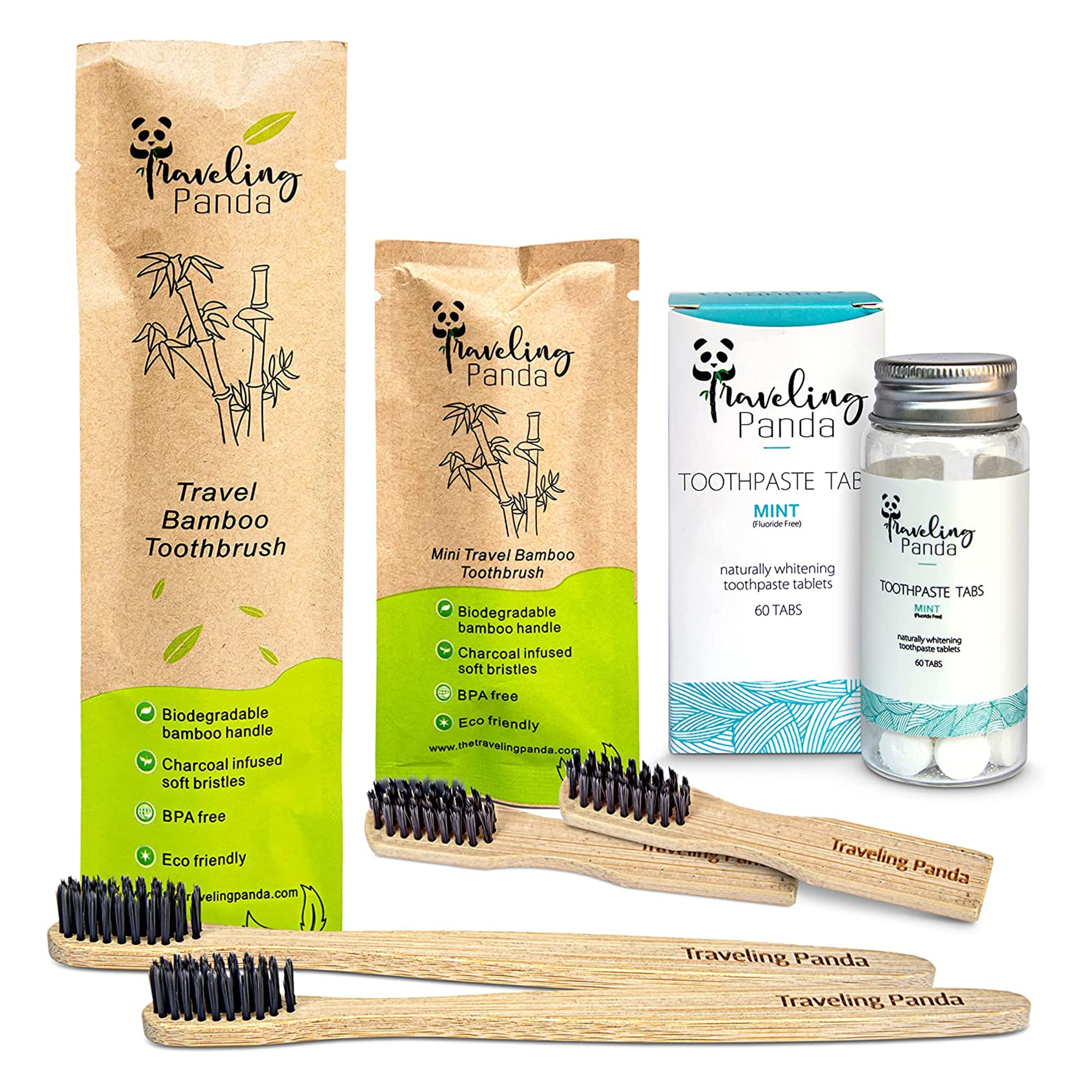 Traveling Panda Bamboo Toothbrushes Soft Bristles, Travel Toothbrush Kit, Includes Brushes and Mint Toothpaste Tablets, Essentials for On The Go Teeth Brushing, 2 Mini 2 Large Brushes and 60 Tabs