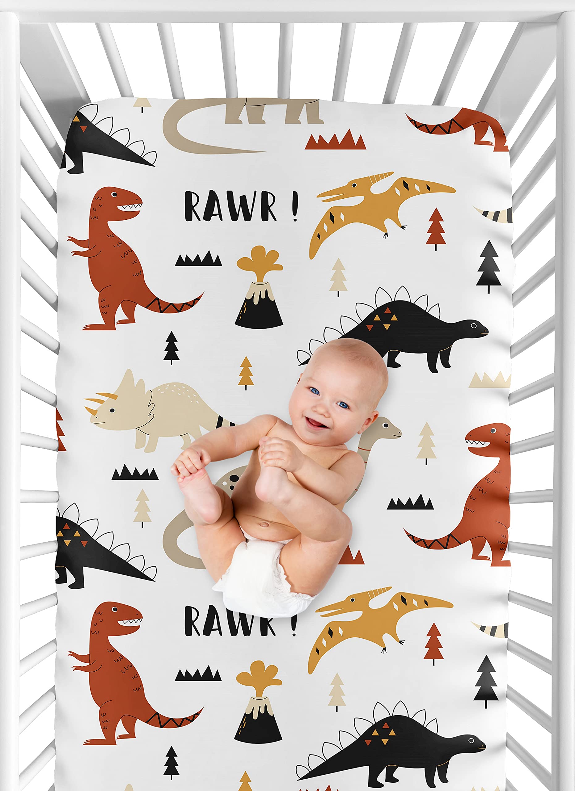 Sweet Jojo Designs Mod Dino Boy or Girl Fitted Crib Sheet Baby or Toddler Bed Nursery - Orange, Tan, Rust, Taupe, Mustard Yellow, Beige, Brown and Black Modern Dinosaur Boho Dinosaurs Gender Neutral