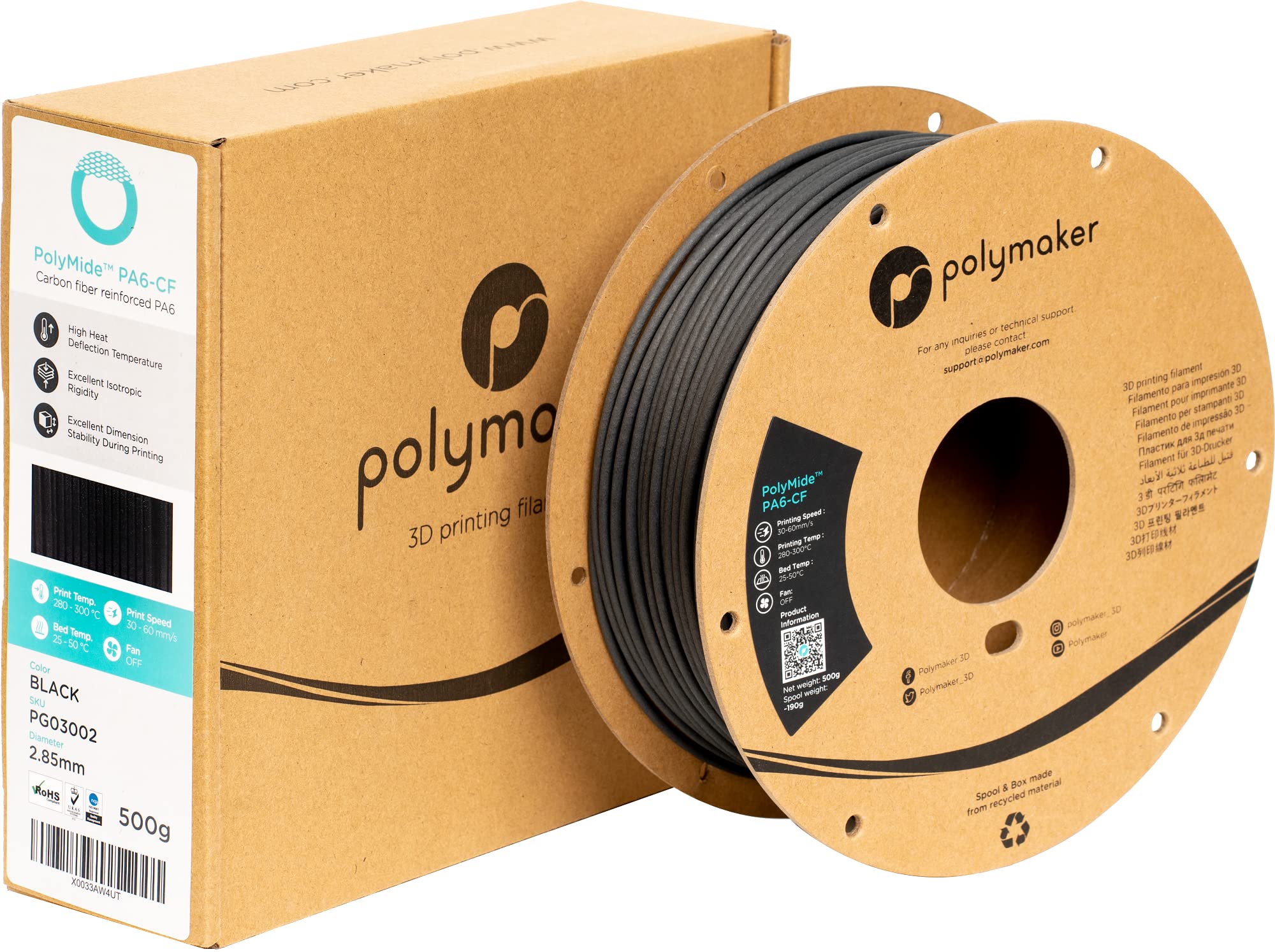 2.85mm(3mm) PA6-CF Nylon Filament 2.85 Black, 500g Carbon Fiber Nylon Filament 2.85mm, Polymaker PolyMide PA6-CF Warp Free Nylon, Print with 2.85mm Openning 3D Printers Only