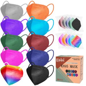 kn95 face masks for adults, 50 pack individually wrapped colored kn95 masks for women men, 5 layers breathable & comfortable mask disposable with adjustable ear loops, 10 colors