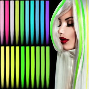 20 pcs glow in the dark hair extensions clip luminous colored hairpieces party rainbow hair clips synthetic neon fake hair clips hair accessories for diy women kids girls, 10 color (straight hair)