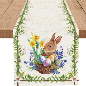 whomeaf easter bunny table runner burlap wild flowers cute rabbit green leaves eggs table runners spring summer seasonal kitchen dining table center decor for home party indoor outdoor 13x72 inch