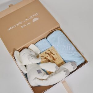 ELE Friend Newborn gift set 0-6 months – Unisex clothes for Newborn, Unisex baby gift set, Gift basket includes Cute Soft white Elephant Plush Doll, Thank You Card and giftbox (baby blue)