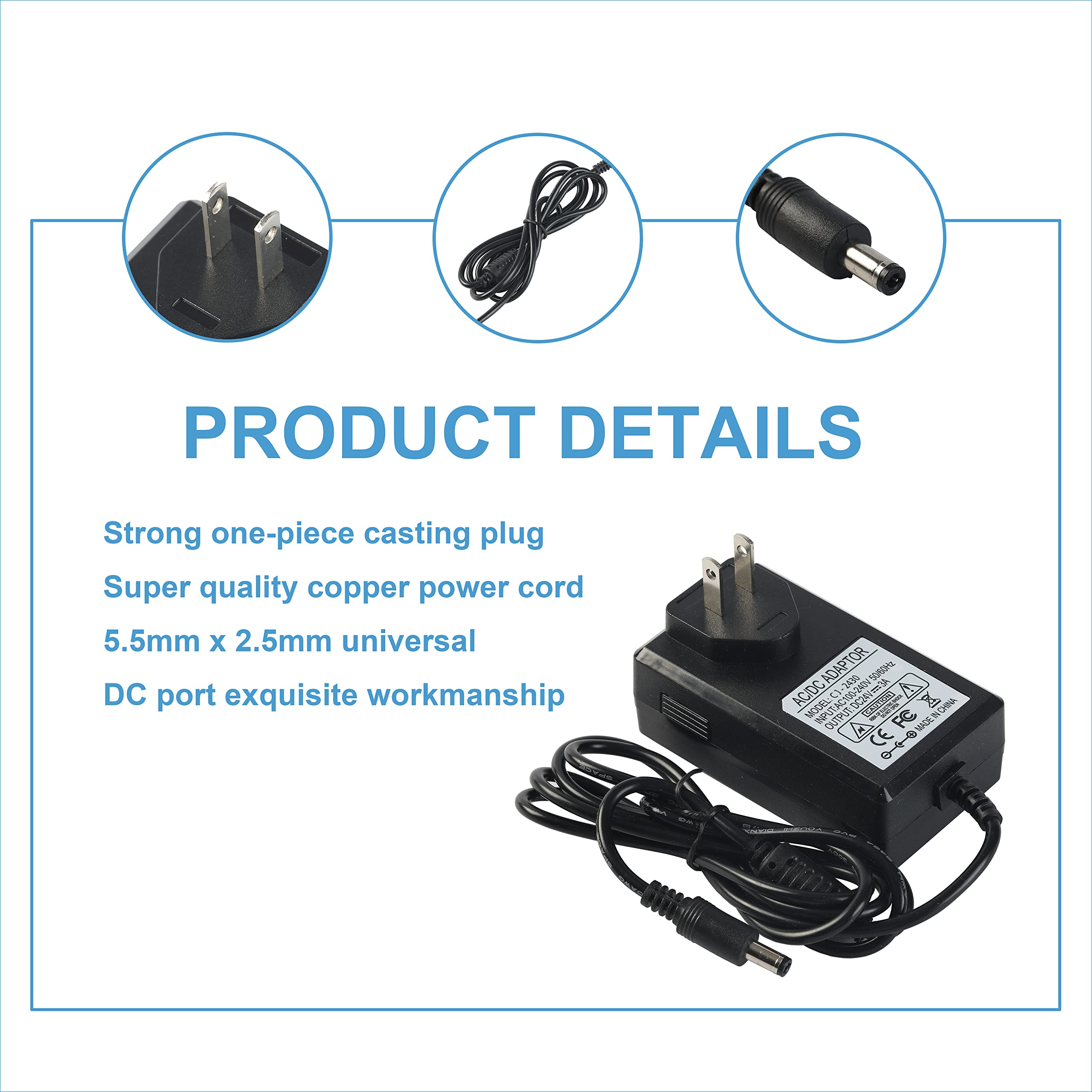 24V 3A 72W Power Supply Adapter,100-240V AC to DC, 5.5mm x 2.5mm DC Output Jack 24V AC Power Supply Wall Plug for 5050 3528 LED Strip Light LED Driver CCTV Security System