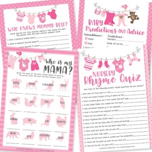 25 pink animal matching, 25 nursery rhyme game, 25 who knows mommy best, 25 baby prediction and advice cards - 4 double sided cards, baby shower party supplies