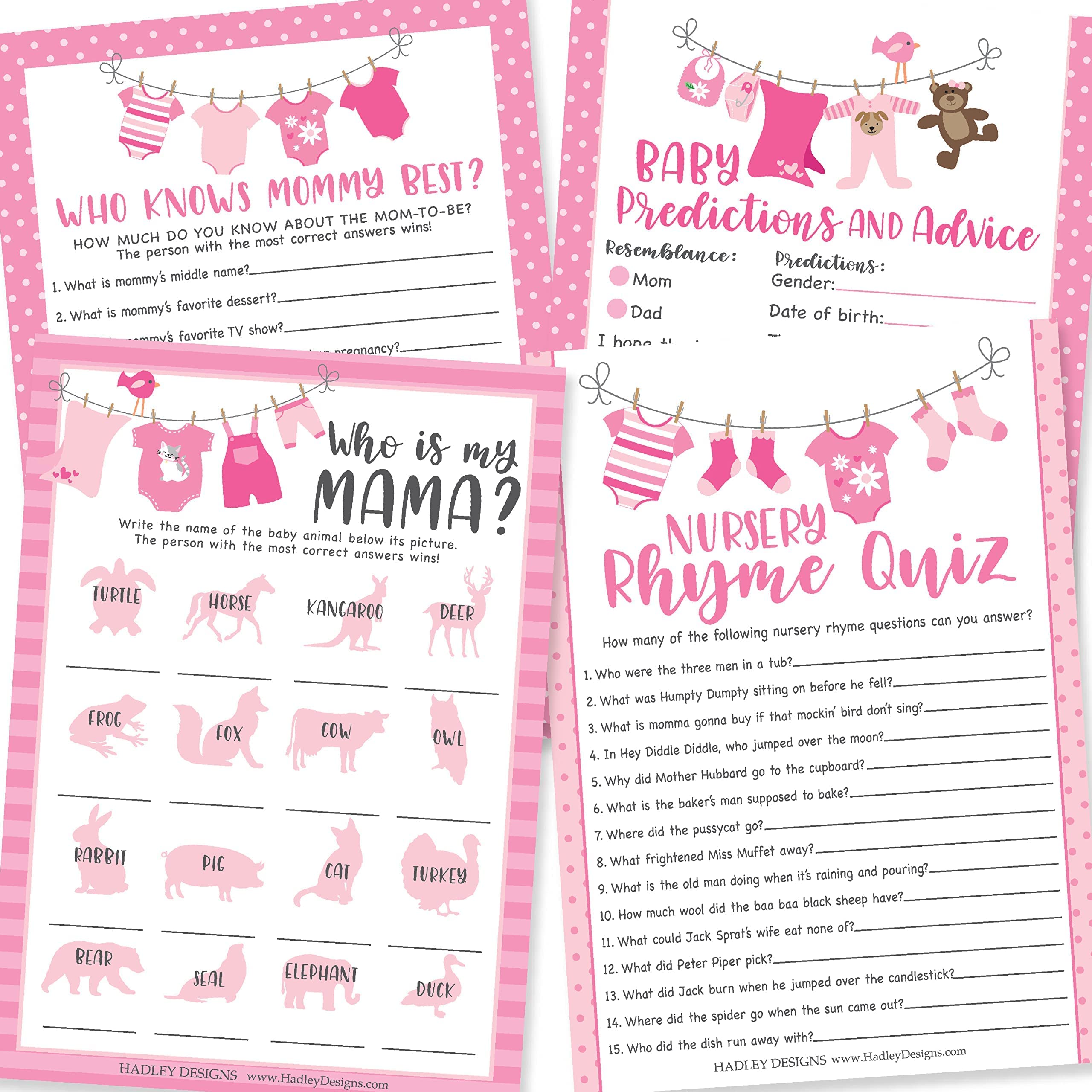 25 Pink Animal Matching, 25 Nursery Rhyme Game, 25 Who Knows Mommy Best, 25 Baby Prediction And Advice Cards - 4 Double Sided Cards, Baby Shower Party Supplies