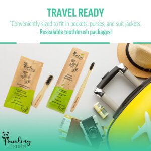 Traveling Panda Bamboo Toothbrushes Soft Bristles, Travel Toothbrush Kit, Includes Brushes and Mint Toothpaste Tablets, Essentials for On The Go Teeth Brushing, 2 Mini 2 Large Brushes and 60 Tabs