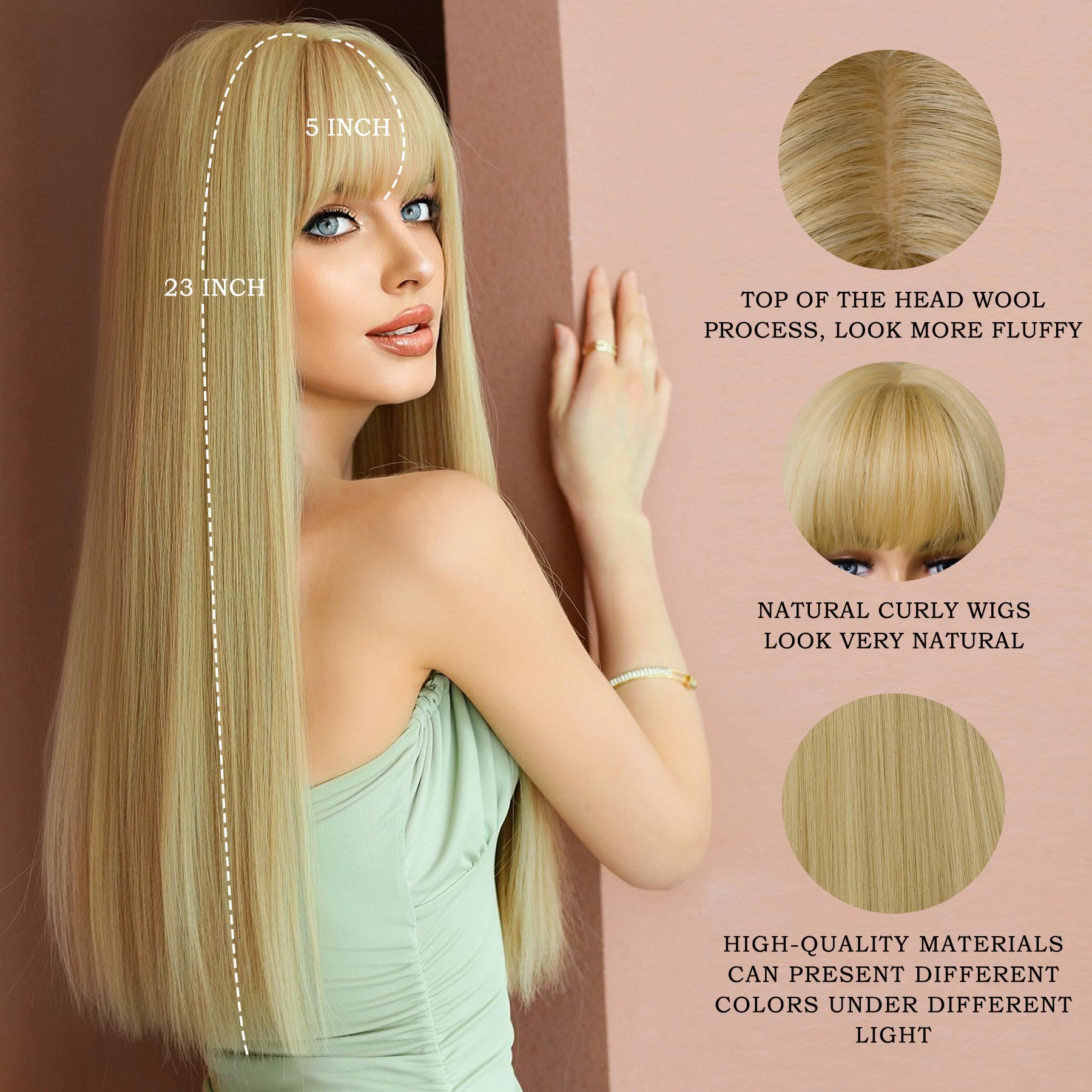 7JHH WIGS Blonde Wig With Bang For Women Long Straight Blonde Wig Synthetic Wig For Girl Emo Cosplay And Daily Use（23" Blonde