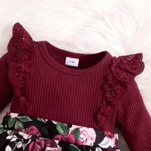 OPAWO Newborn Infant Baby Girl Dress Ribbed Bodysuit Romper Dress Long Sleeve Floral Girl Dresses Fall Winter Clothes(Burgundy,0-3 Months)