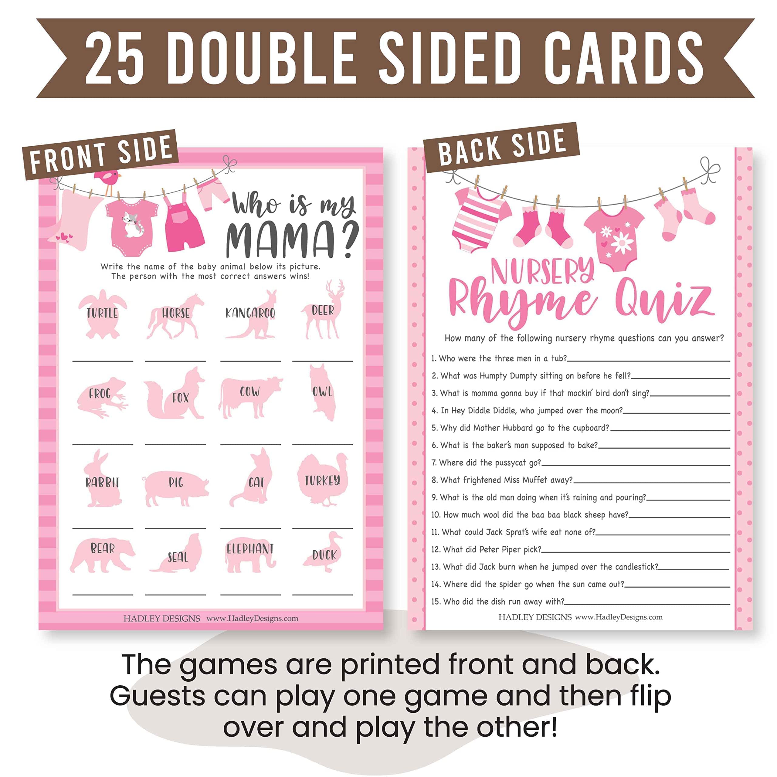 25 Pink Animal Matching, 25 Nursery Rhyme Game, 25 Who Knows Mommy Best, 25 Baby Prediction And Advice Cards - 4 Double Sided Cards, Baby Shower Party Supplies