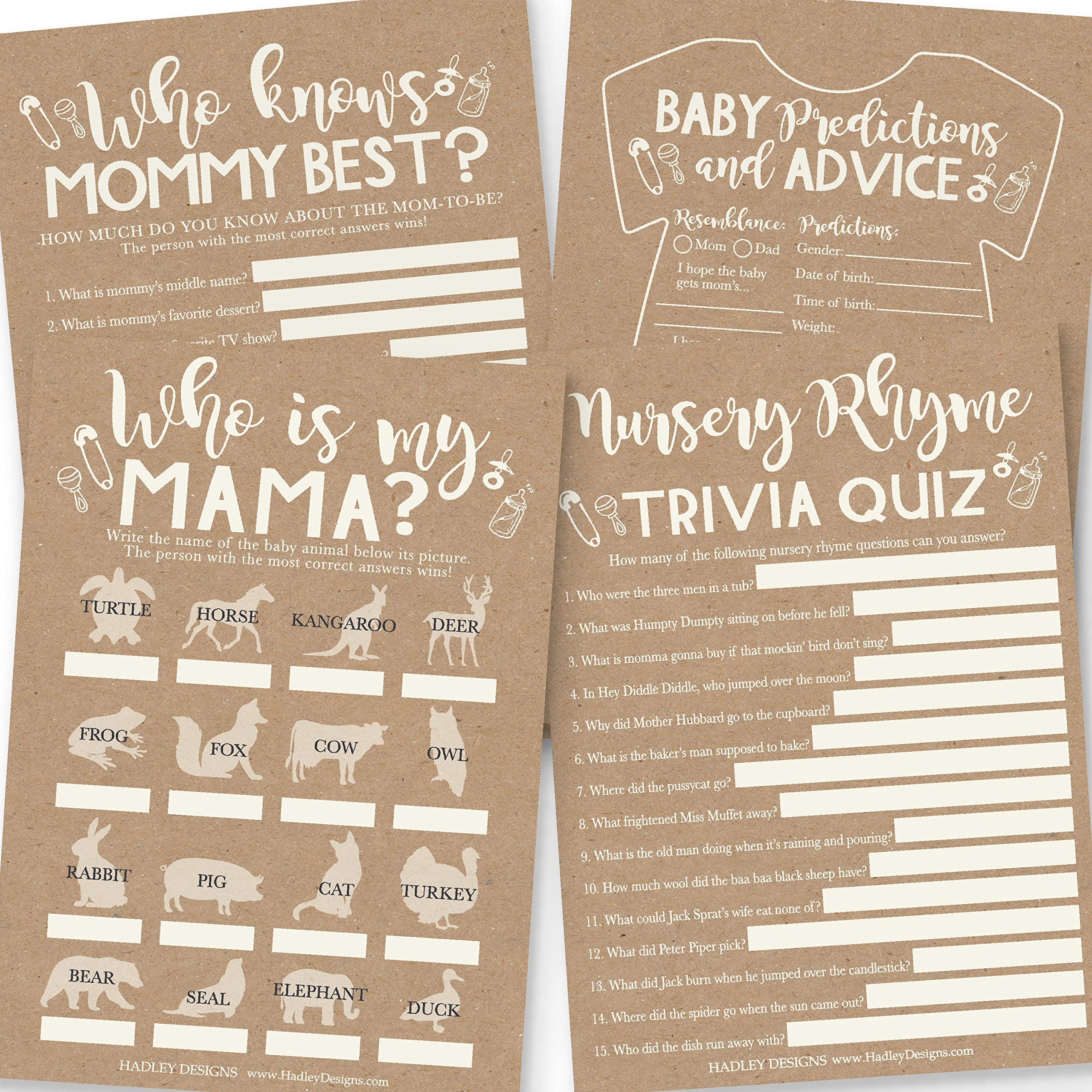 25 Rustic Animal Matching, 25 Nursery Rhyme Game, 25 Who Knows Mommy Best, 25 Baby Prediction And Advice Cards - 4 Double Sided Cards, Baby Shower Party Supplies