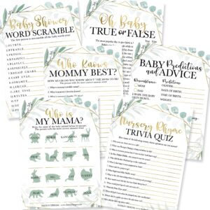 25 greenery animal matching, 25 nursery rhyme game, 25 word scramble for baby shower, 25 true or false game, 25 who knows mommy best, 25 baby prediction and advice cards - 6 double sided cards