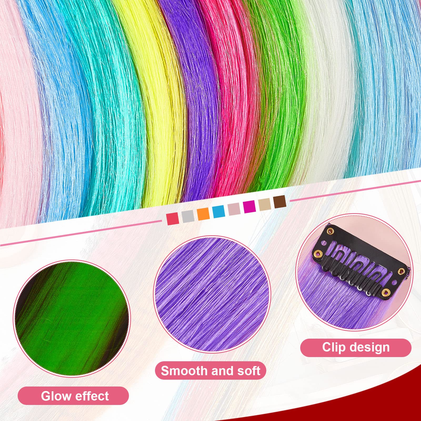 20 Pcs Glow in the Dark Hair Extensions Clip Luminous Colored Hairpieces Party Rainbow Hair Clips Synthetic Neon Fake Hair Clips Hair Accessories for DIY Women Kids Girls, 10 Color (Straight Hair)