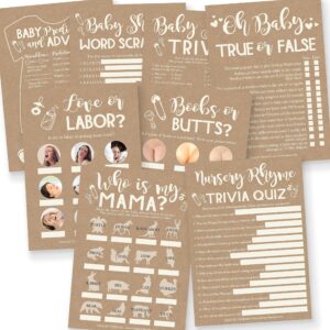 50 rustic baby prediction and advice cards, trivia games, etc, 25 love or labor, boobs or baby butts game, 25 baby animal matching, nursery rhyme game - 8 double sided cards baby shower games funny