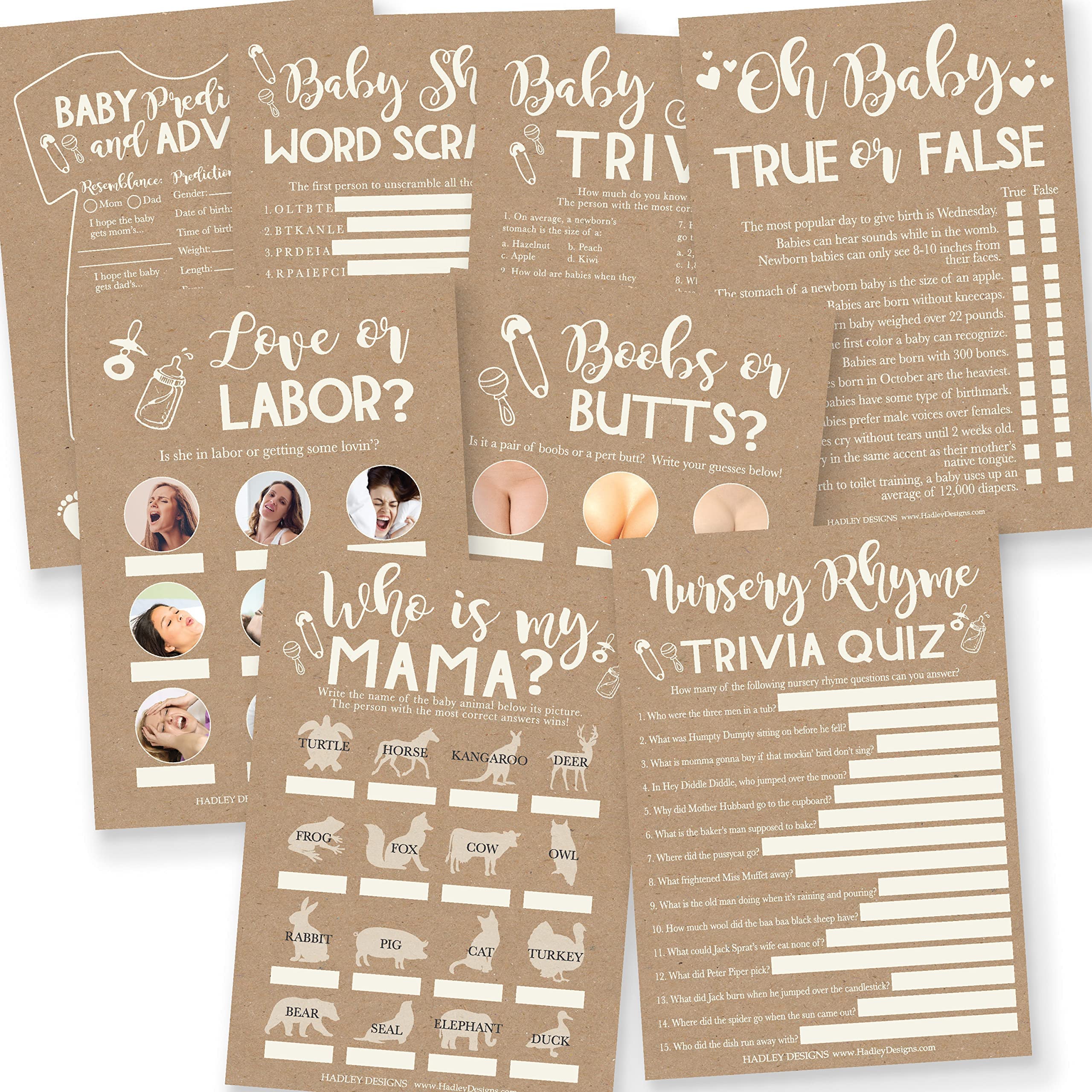 50 Rustic Baby Prediction And Advice Cards, Trivia Games, etc, 25 Love or Labor, Boobs Or Baby Butts Game, 25 Baby Animal Matching, Nursery Rhyme Game - 8 Double Sided Cards Baby Shower Games Funny