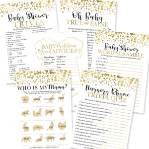 50 gold baby prediction and advice cards, trivia games, etc, 25 baby animal matching, nursery rhyme game - 6 double sided cards baby shower games funny, baby shower ideas baby sprinkle games