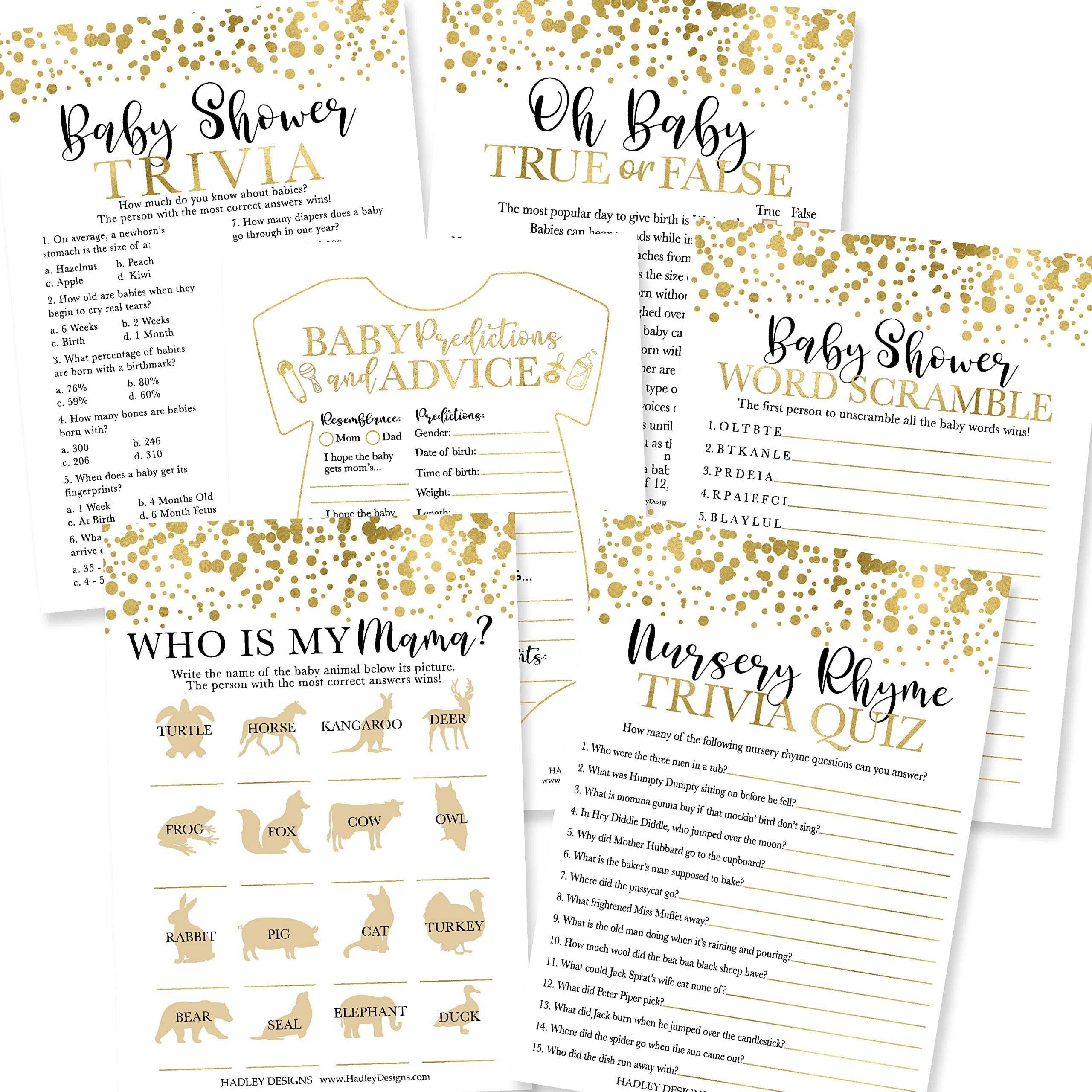 50 Gold Baby Prediction And Advice Cards, Trivia Games, etc, 25 Baby Animal Matching, Nursery Rhyme Game - 6 Double Sided Cards Baby Shower Games Funny, Baby Shower Ideas Baby Sprinkle Games