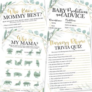 25 greenery animal matching, 25 nursery rhyme game, 25 who knows mommy best, 25 baby prediction and advice cards - 4 double sided cards, baby shower party supplies