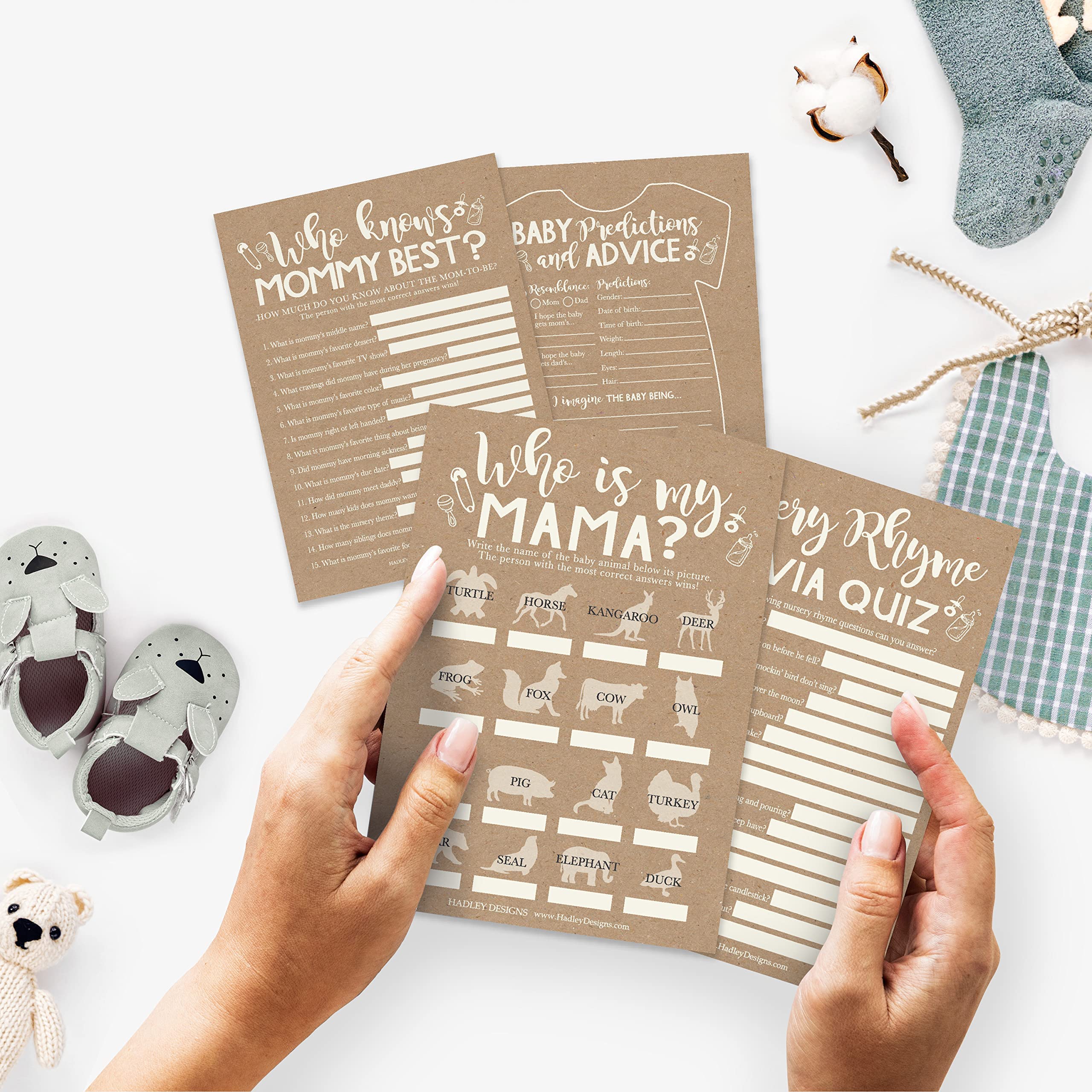 25 Rustic Animal Matching, 25 Nursery Rhyme Game, 25 Who Knows Mommy Best, 25 Baby Prediction And Advice Cards - 4 Double Sided Cards, Baby Shower Party Supplies