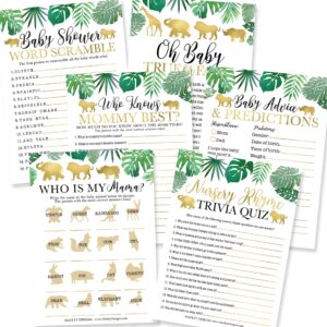 25 safari animal matching, 25 nursery rhyme game, 25 word scramble for baby shower, 25 true or false game, 25 who knows mommy best, 25 baby prediction and advice cards - 6 double sided cards