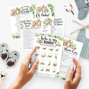 25 Woodland Animal Matching, 25 Nursery Rhyme Game, 25 Word Scramble For Baby Shower, 25 True Or False Game, 25 Who Knows Mommy Best, 25 Baby Prediction And Advice Cards - 6 Double Sided Cards