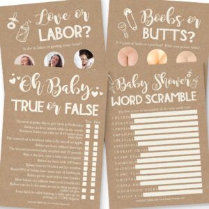 25 rustic love or labor, boobs or baby butts game, 25 true or false, word scramble for baby shower - 4 double sided cards baby shower ideas, baby shower party supplies baby sprinkle games