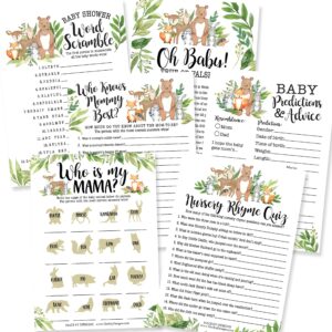 25 woodland animal matching, 25 nursery rhyme game, 25 word scramble for baby shower, 25 true or false game, 25 who knows mommy best, 25 baby prediction and advice cards - 6 double sided cards