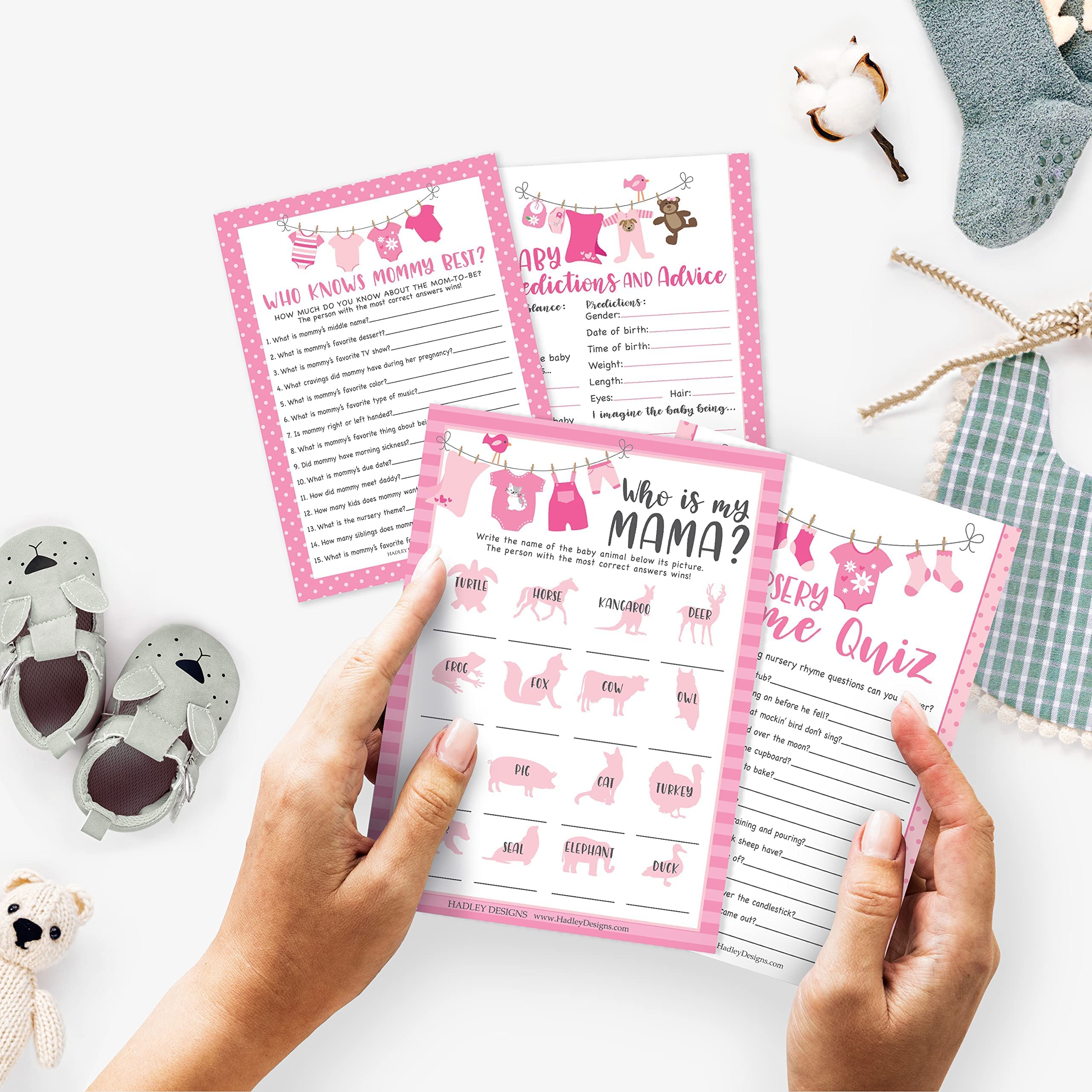 25 Pink Animal Matching, 25 Nursery Rhyme Game, 25 Who Knows Mommy Best, 25 Baby Prediction And Advice Cards - 4 Double Sided Cards, Baby Shower Party Supplies