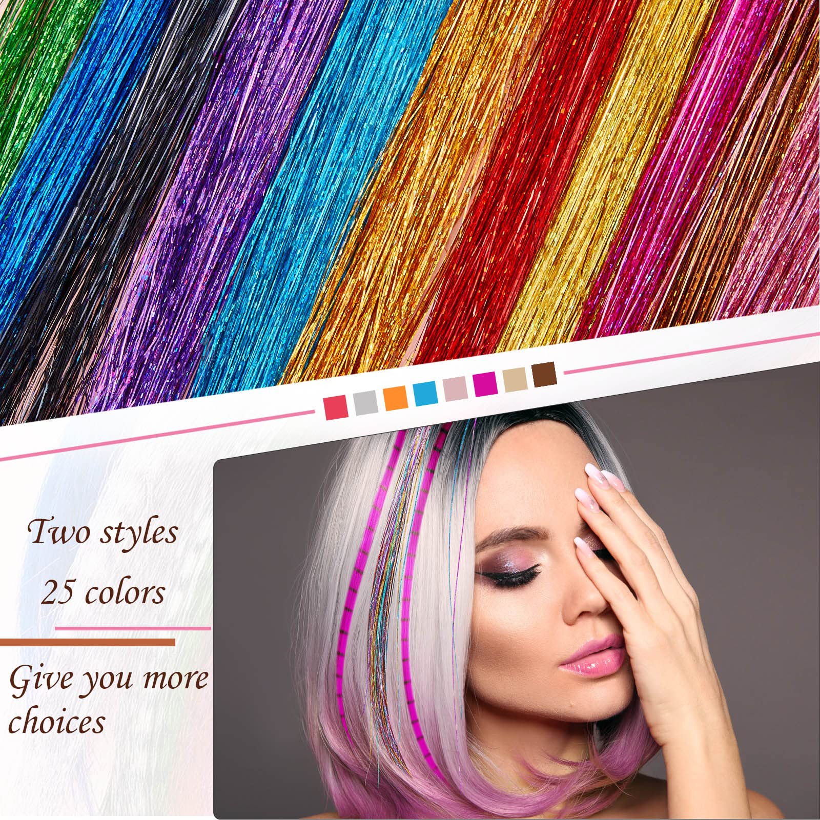 1440 Strands Hair Tinsel Kit with Tools Glitter Hair Extension Tinsel 26 Pieces 13 Colors Feather Hair Extensions Heat Resistant Synthetic Hair with 200 Micro Ring Beads for Women Cosplay Party Supply