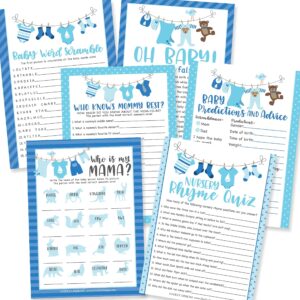 25 blue animal matching, 25 nursery rhyme game, 25 word scramble for baby shower, 25 true or false game, 25 who knows mommy best, 25 baby prediction and advice cards - 6 double sided cards