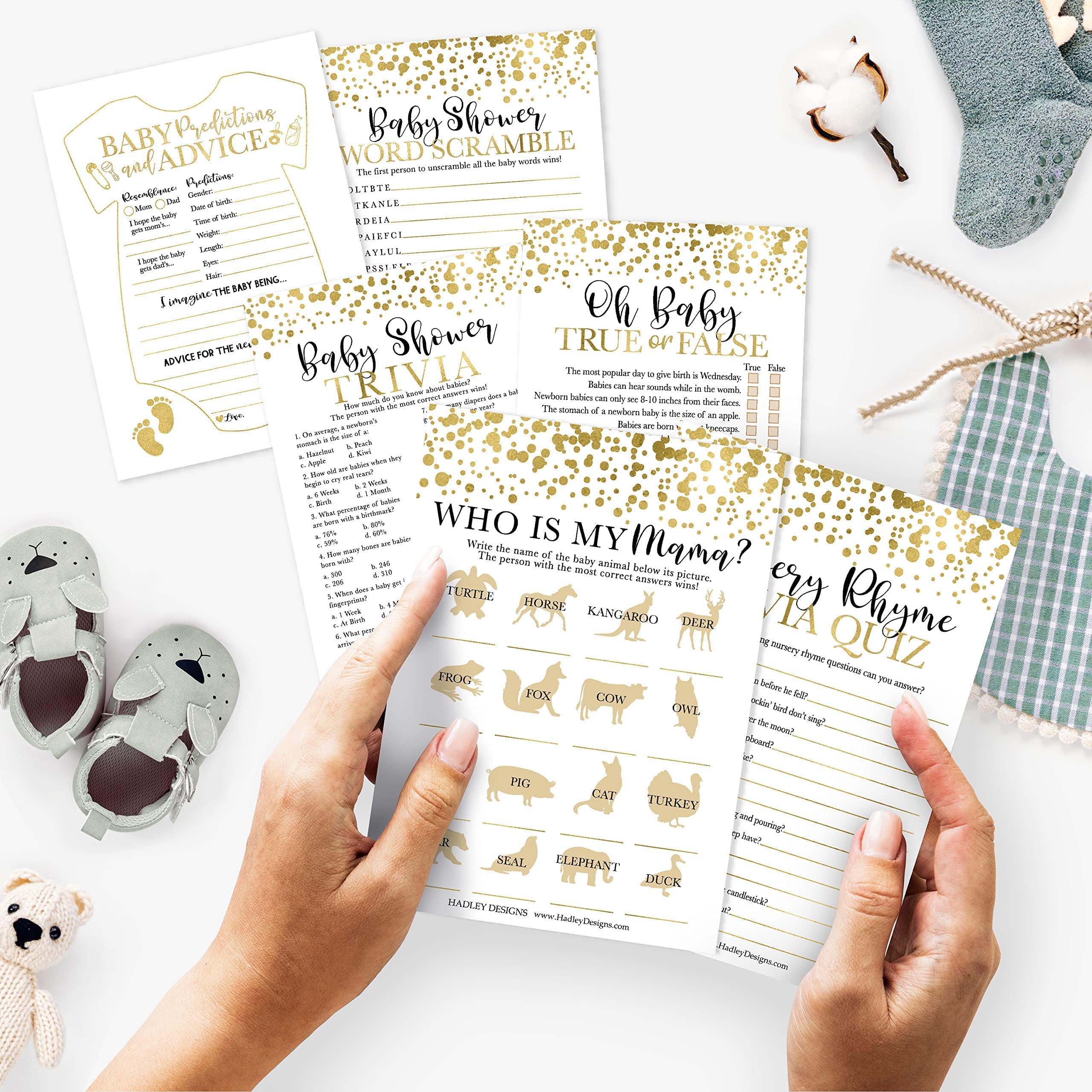 50 Gold Baby Prediction And Advice Cards, Trivia Games, etc, 25 Baby Animal Matching, Nursery Rhyme Game - 6 Double Sided Cards Baby Shower Games Funny, Baby Shower Ideas Baby Sprinkle Games