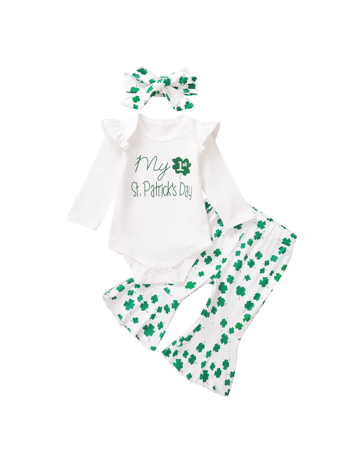 Detigee Baby Girl St. Patricks Day Outfit Nreborn Saint Patrick's Day Flare Pants Outfit (Green-Flare, 0-3 Months)